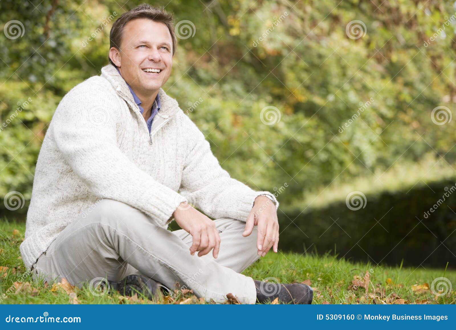 Man Sitting Outside in Autumn Landscape Stock Photo - Image of clothing ...