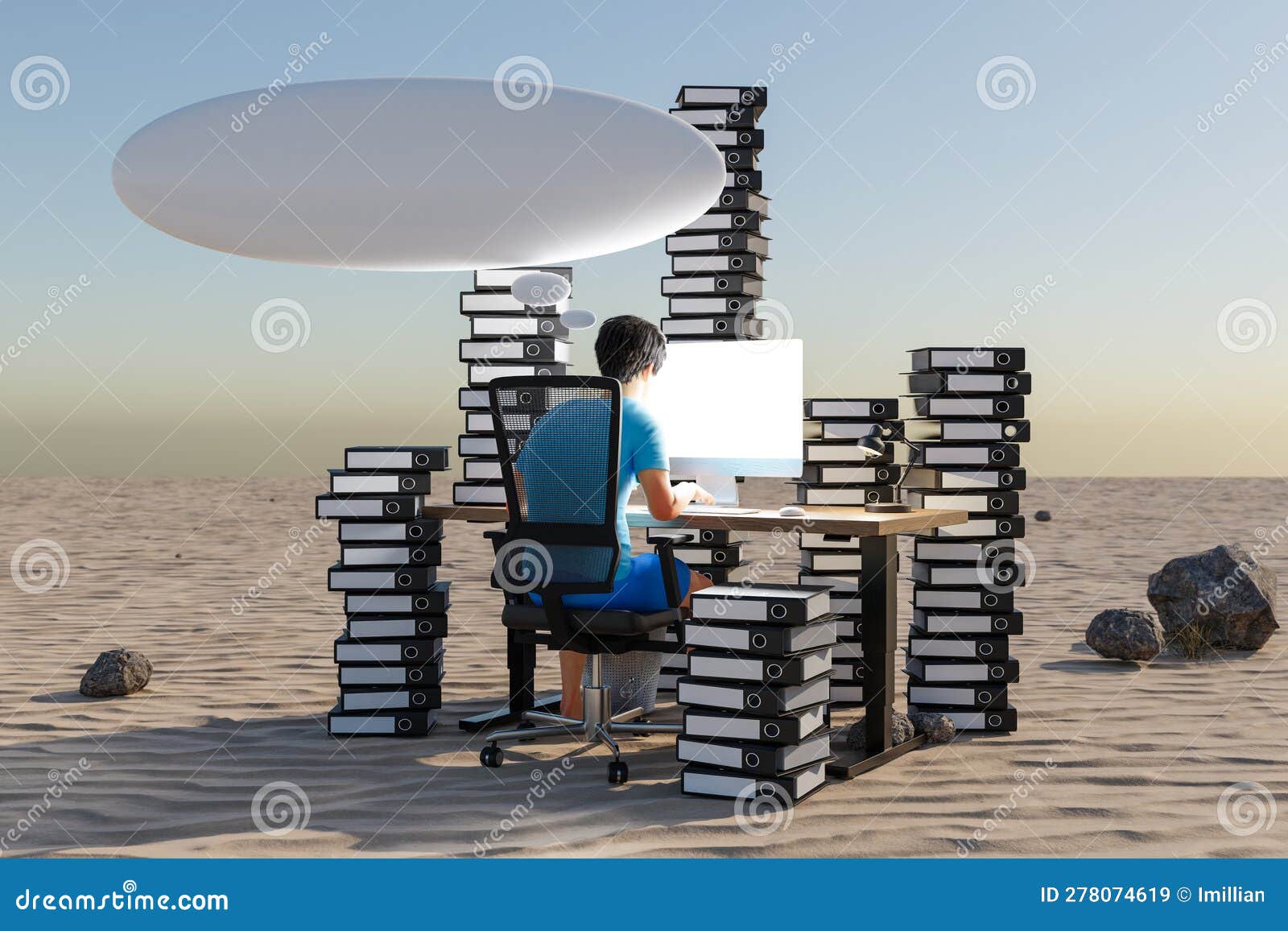 Man Sitting at Pc Office Workplace in Desert Environment with Huge ...