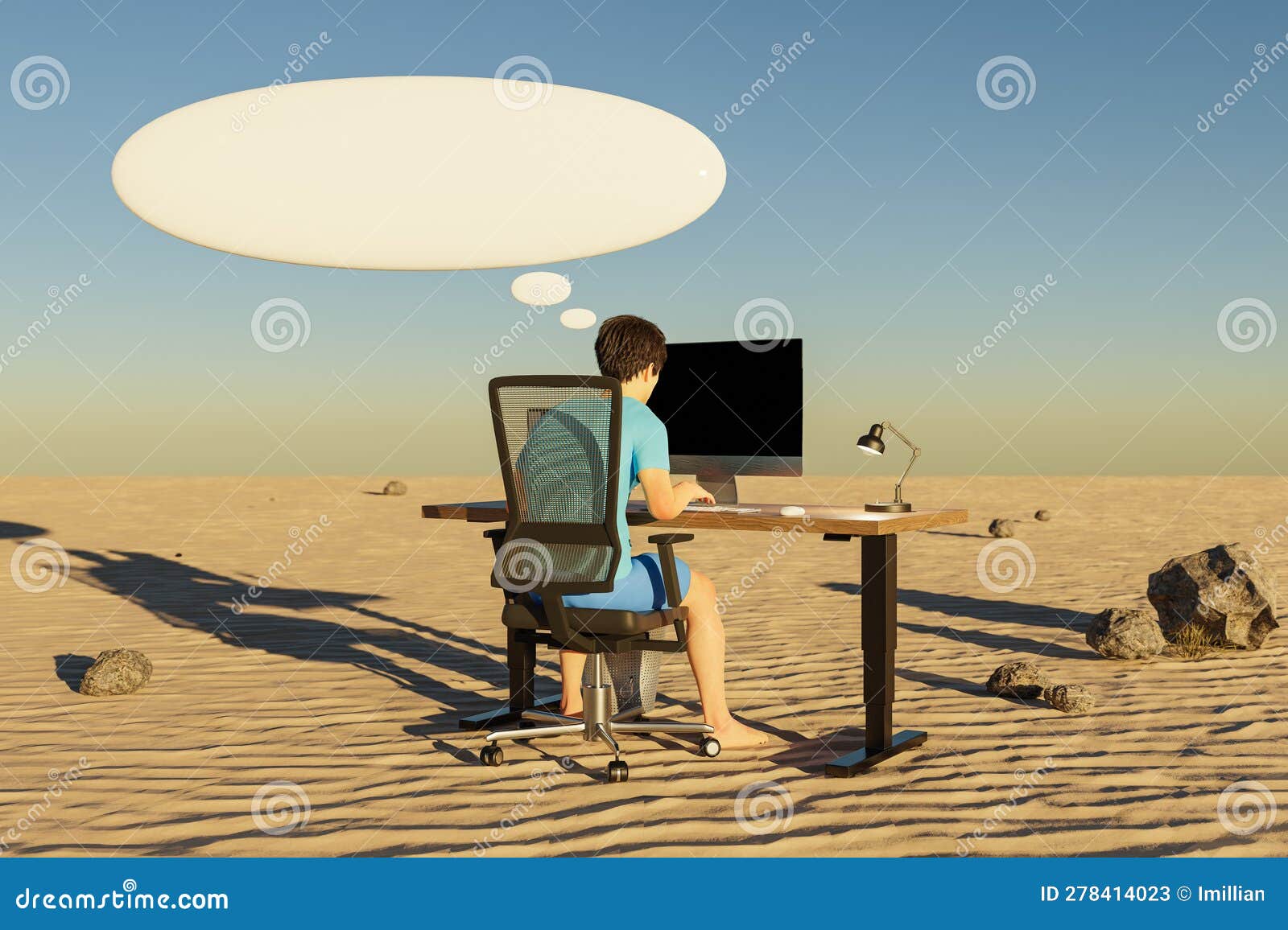 Man Sitting at Pc Office Workplace in Desert Environment with Huge ...