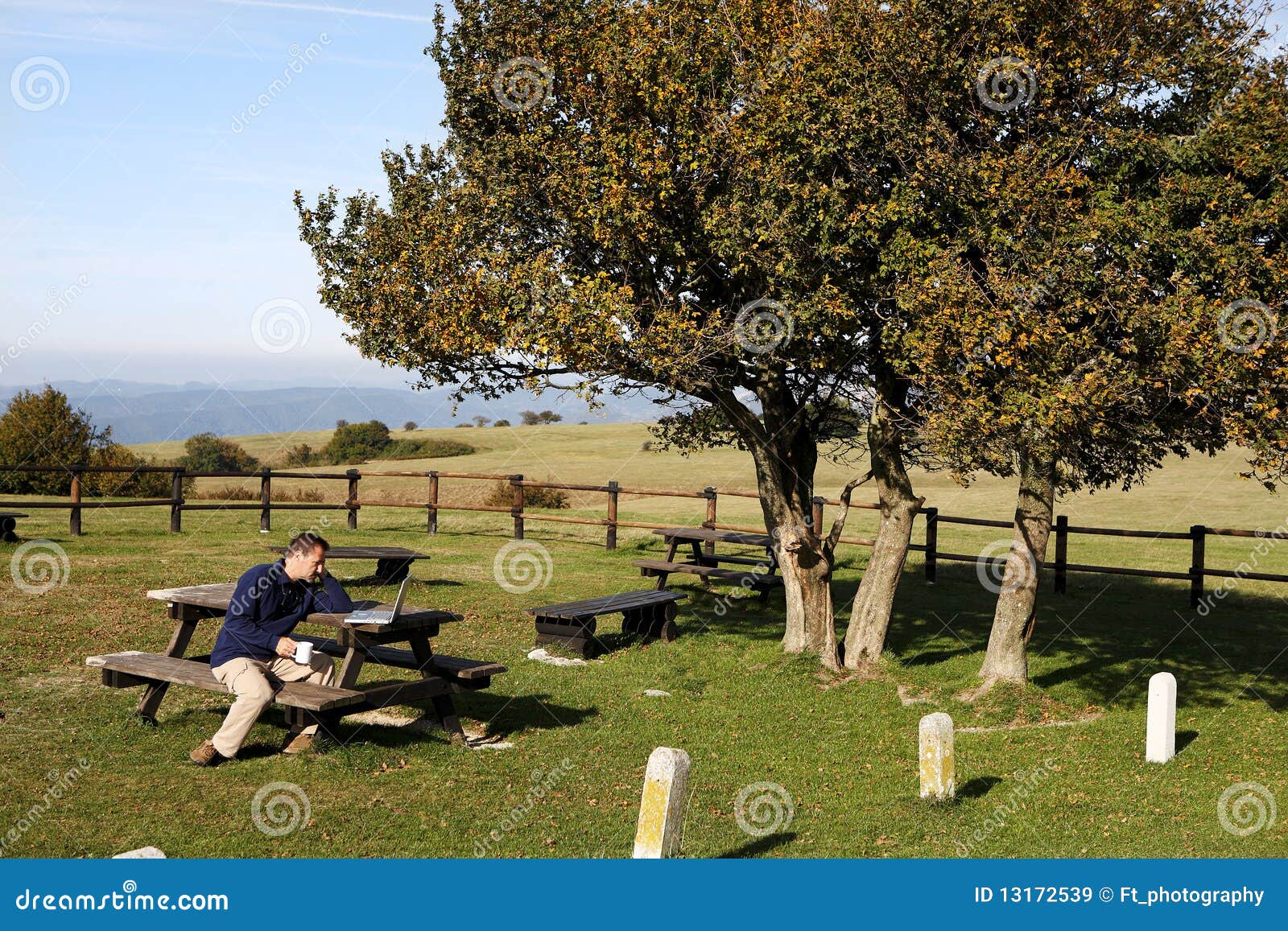Man Sitting at Picnic Table Using Laptop Stock Image - Image of ...