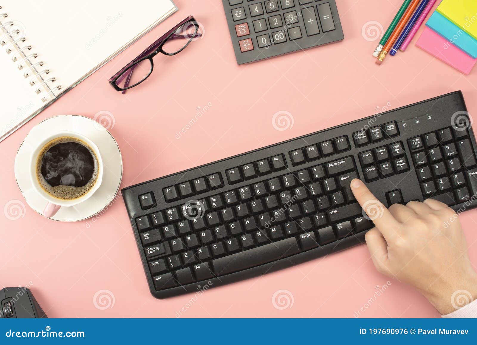 Man Sitting at a Pink Office Desk Presses the Enter Button on the ...