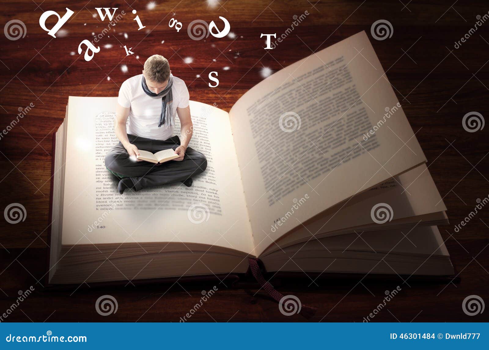 Man Sitting and Reading Inside Book Stock Photo - Image of fairy, nerd ...