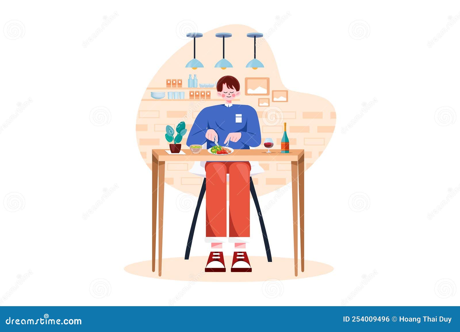 Man Sitting in a Restaurant and Eating Food Stock Vector - Illustration ...