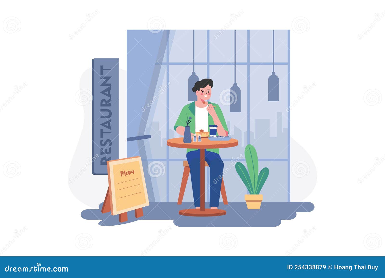 Man Sitting in a Restaurant and Eating Food Stock Vector - Illustration ...