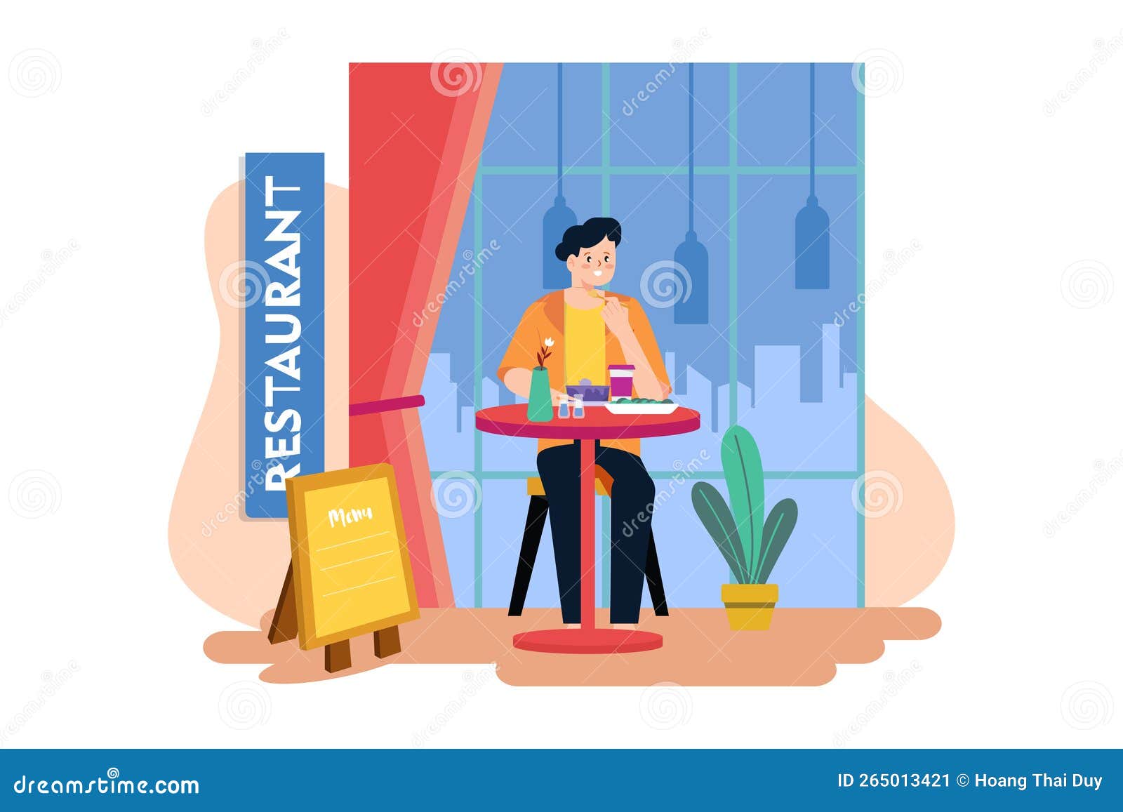 Man Sitting in a Restaurant and Eating Food Stock Vector - Illustration ...