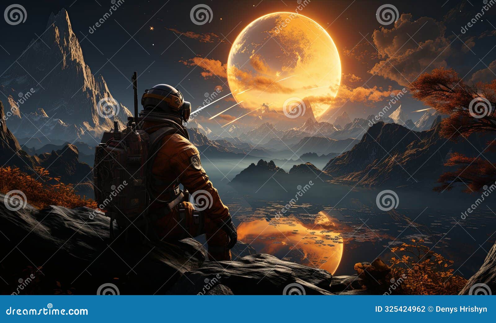 Man Sitting on Rock Looking at Moon Stock Photo - Image of distant ...