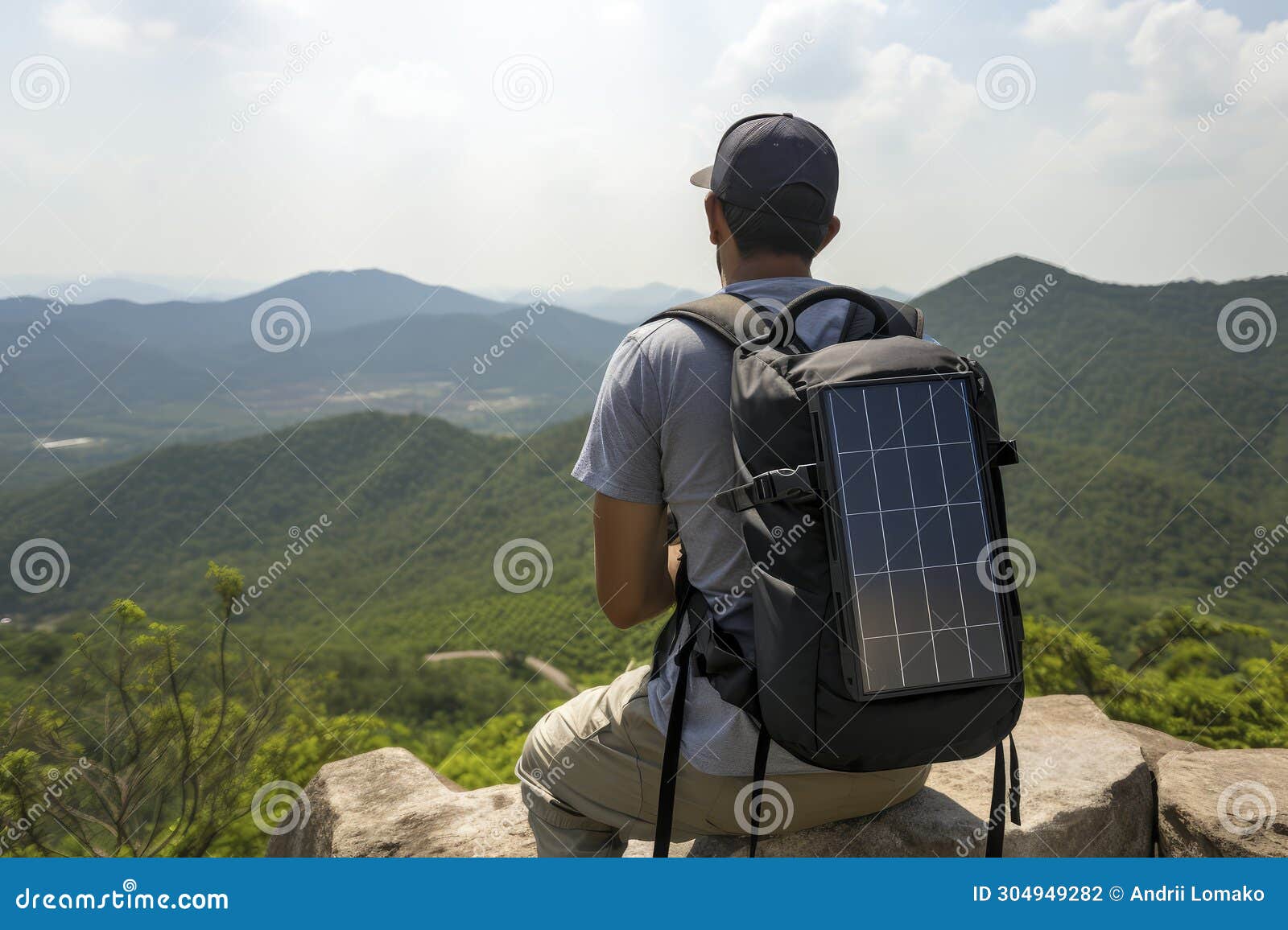 Man Sitting on Rock with Solar Panel on His Back Stock Photo - Image of ...