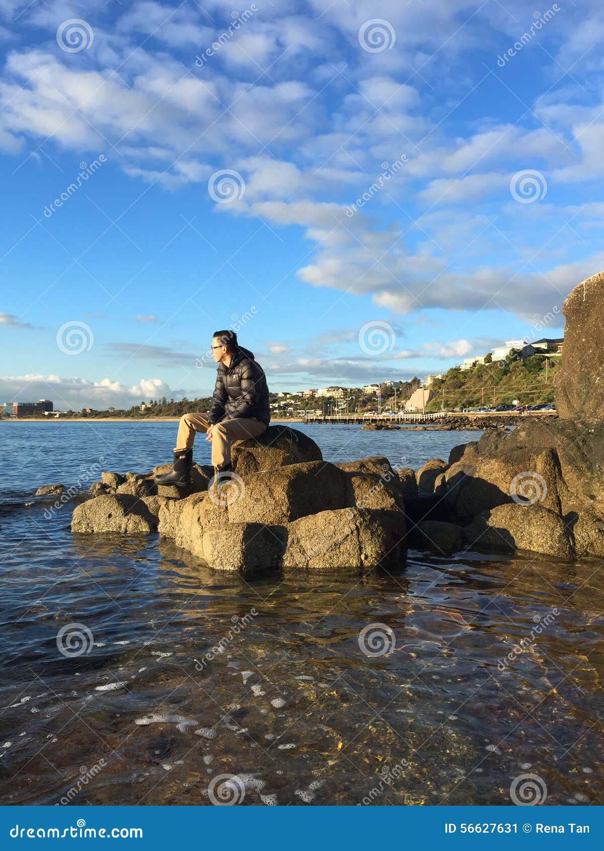 Man Sitting on Rocks on Beach Stock Image - Image of water, adult: 56627631