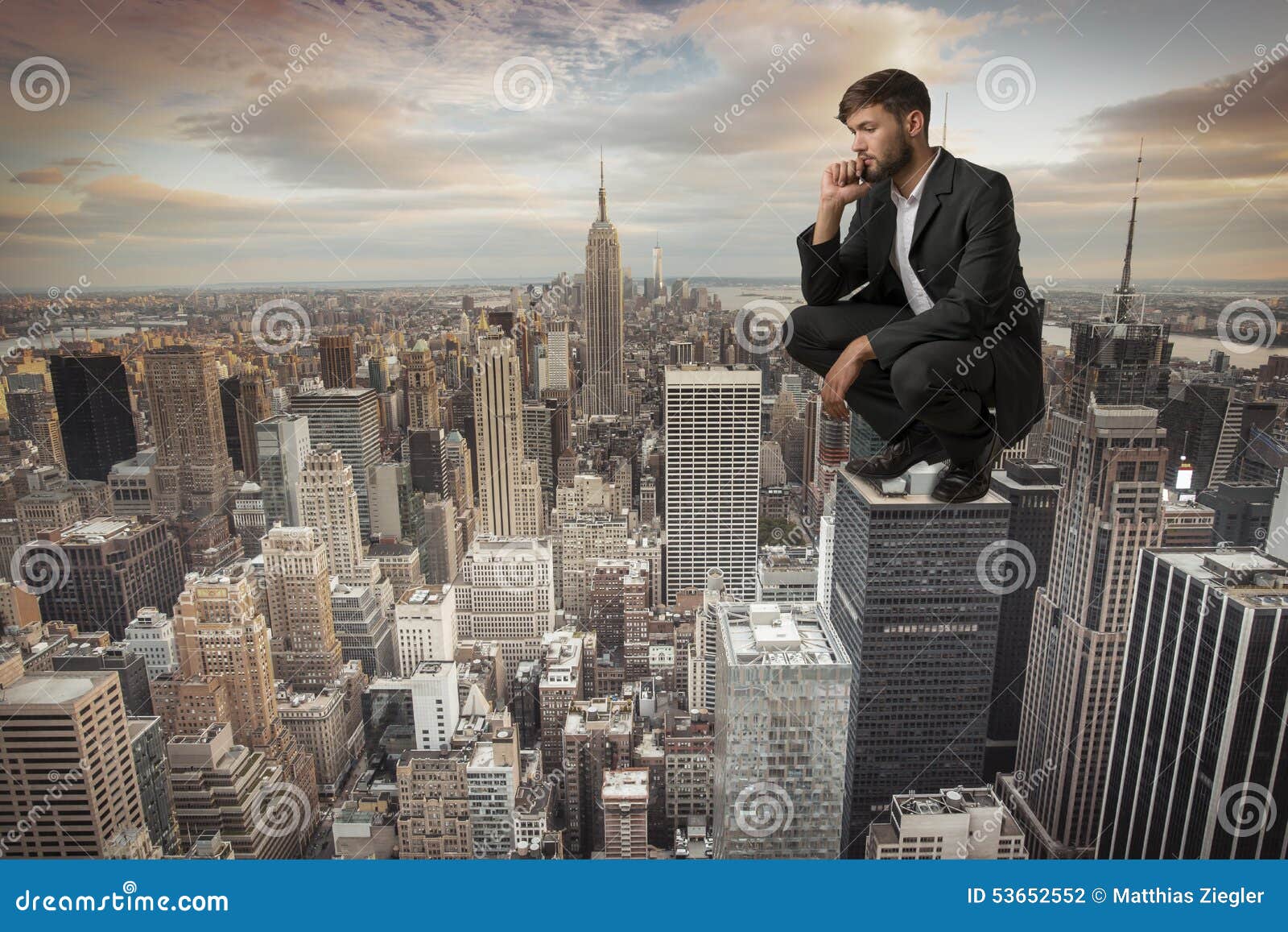 Man sitting on Skyscraper stock photo. Image of banker - 53652552