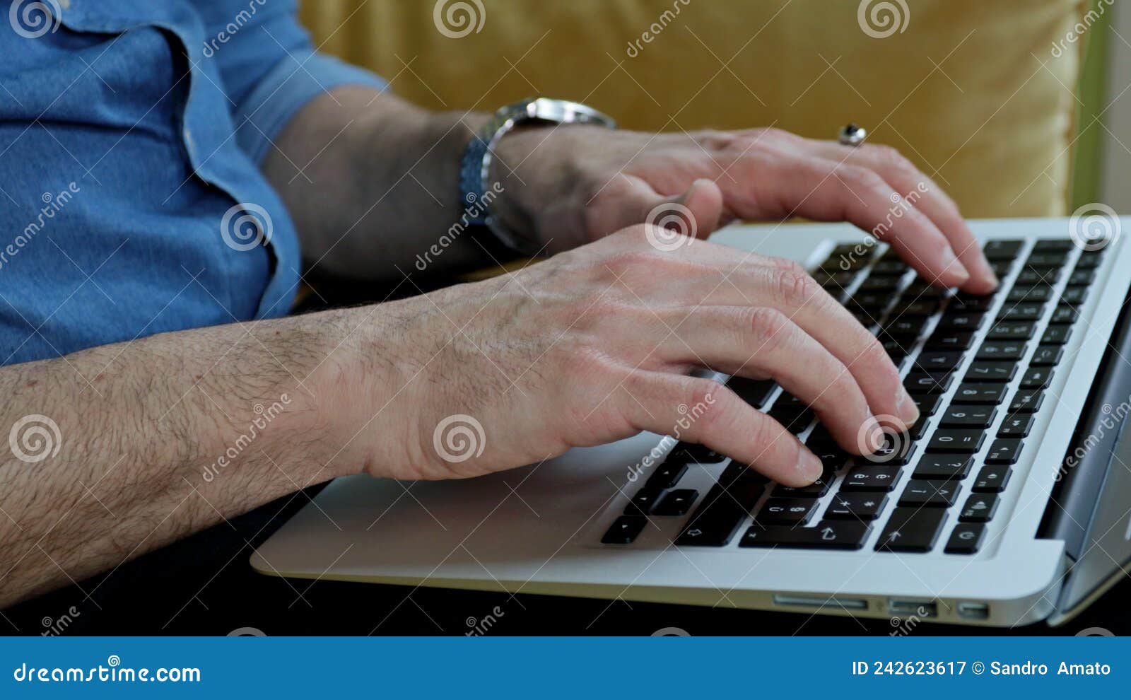 Man Sitting on the Sofa Works at the Computer Typing on the Keyboard ...