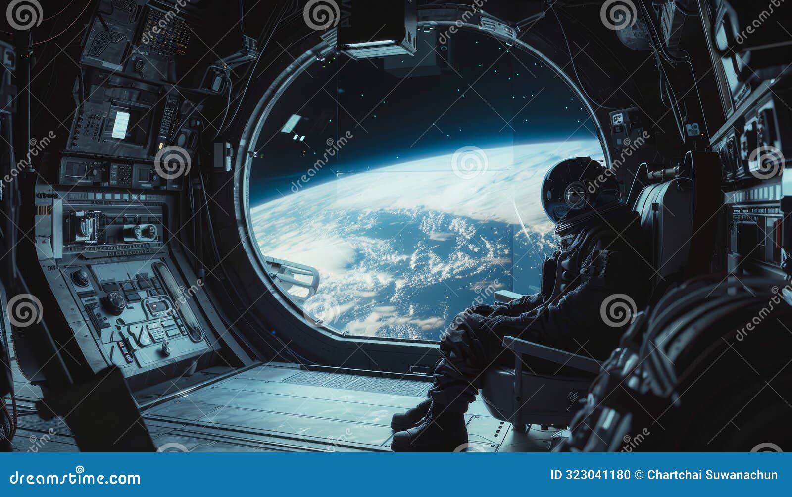 A Man is Sitting in a Space Shuttle Looking Out the Window at the Stars ...