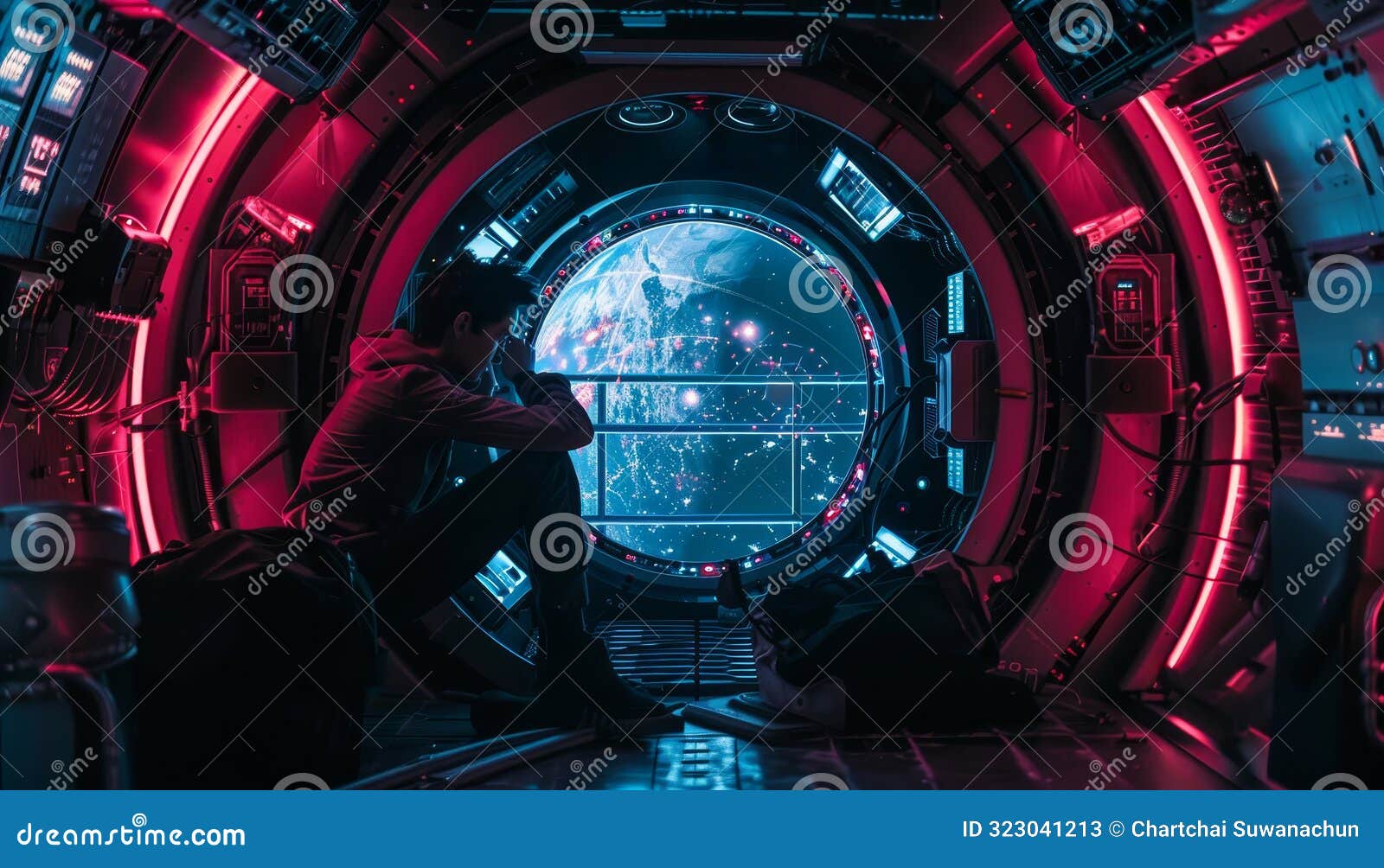 A Man is Sitting in a Space Shuttle Looking Out the Window at the Stars ...