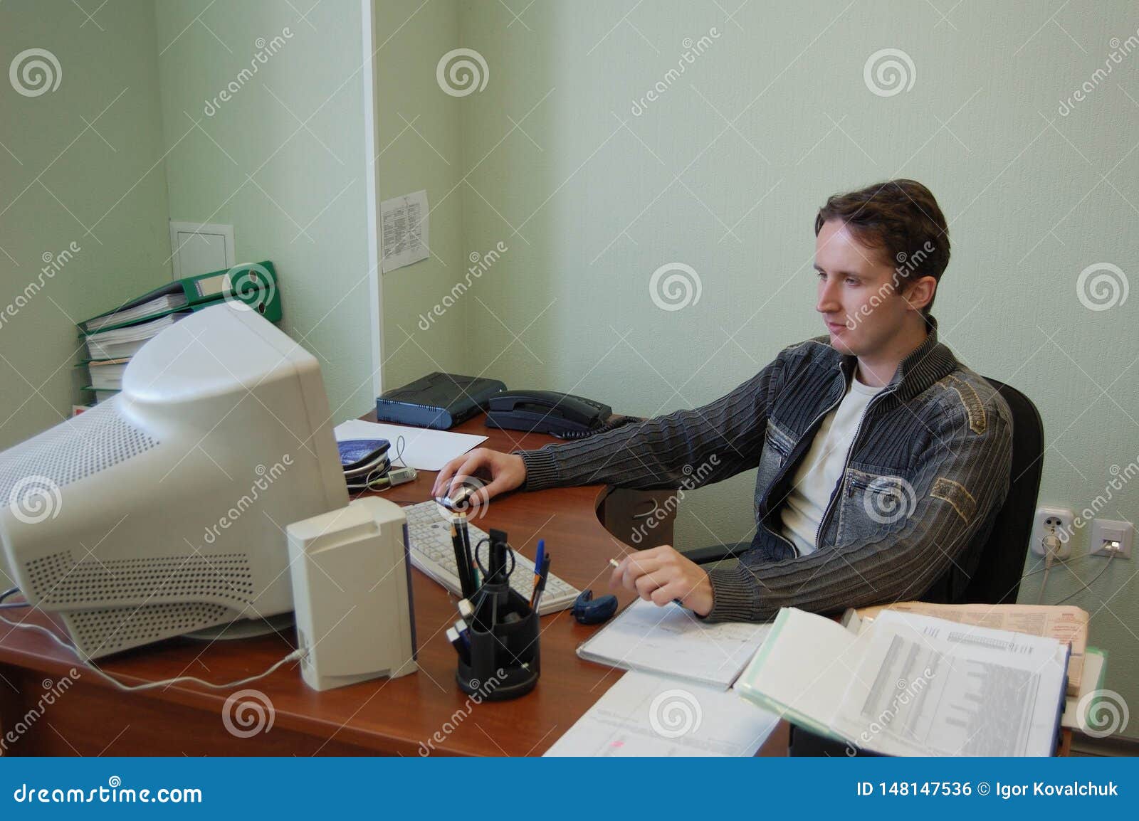 Man Sitting at the Table with Old Computer Stock Photo - Image of ...