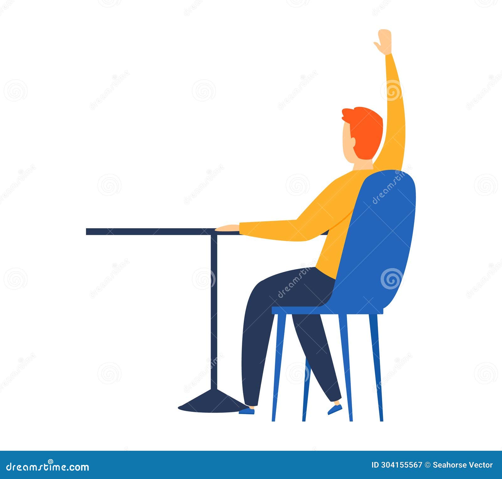 Man Sitting at Table Raising Hand, Student Asking Question in Class ...