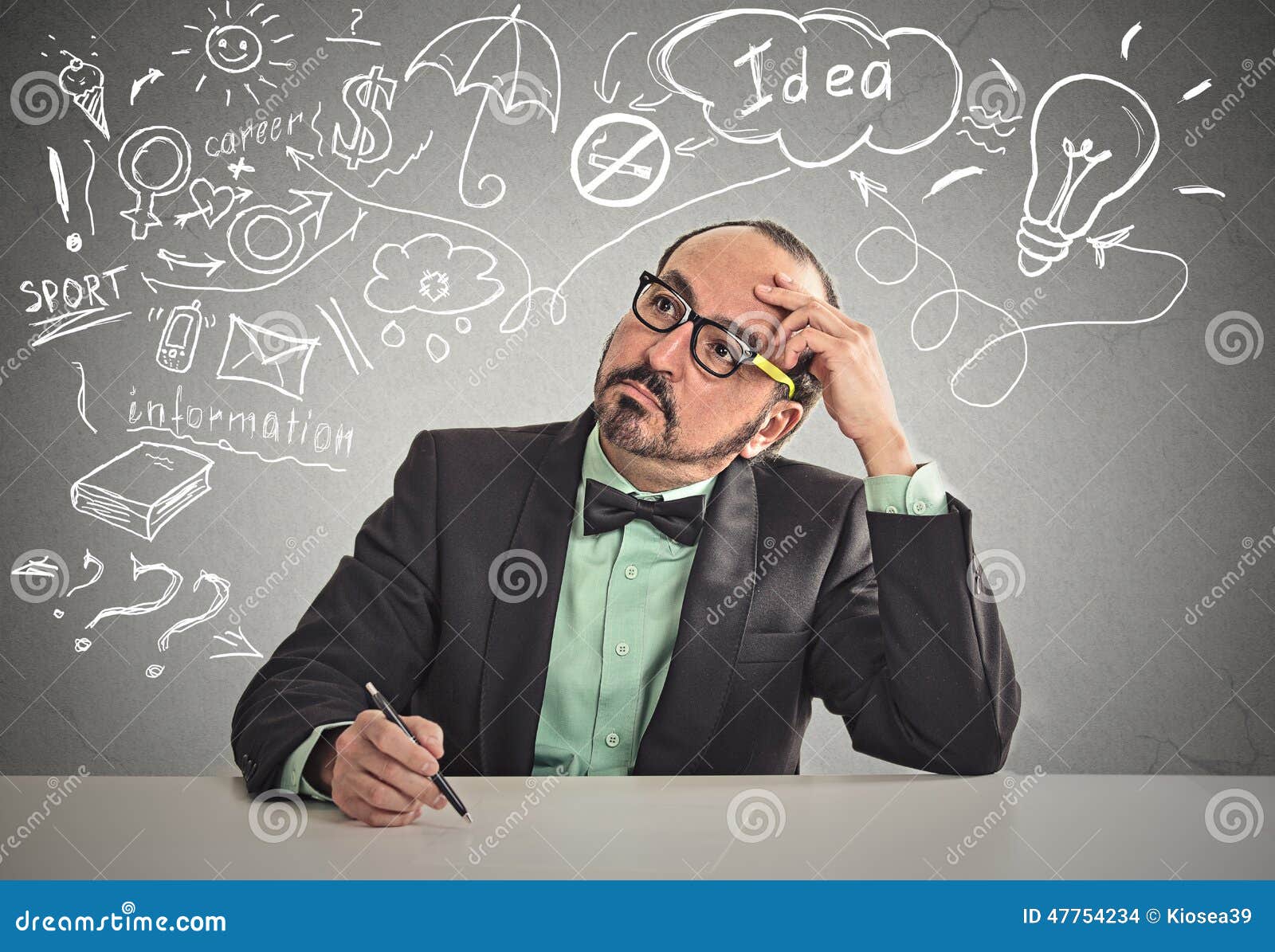 Man Sitting at Table Thinking Ready To Write Something Stock Photo ...