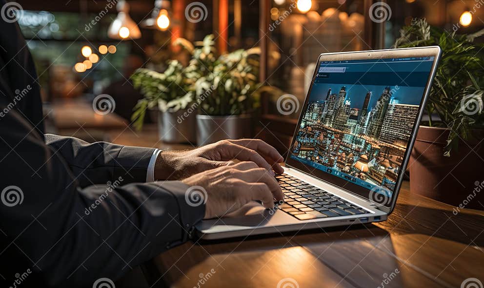 Man Sitting at Table Using Laptop Computer Stock Photo - Image of ...