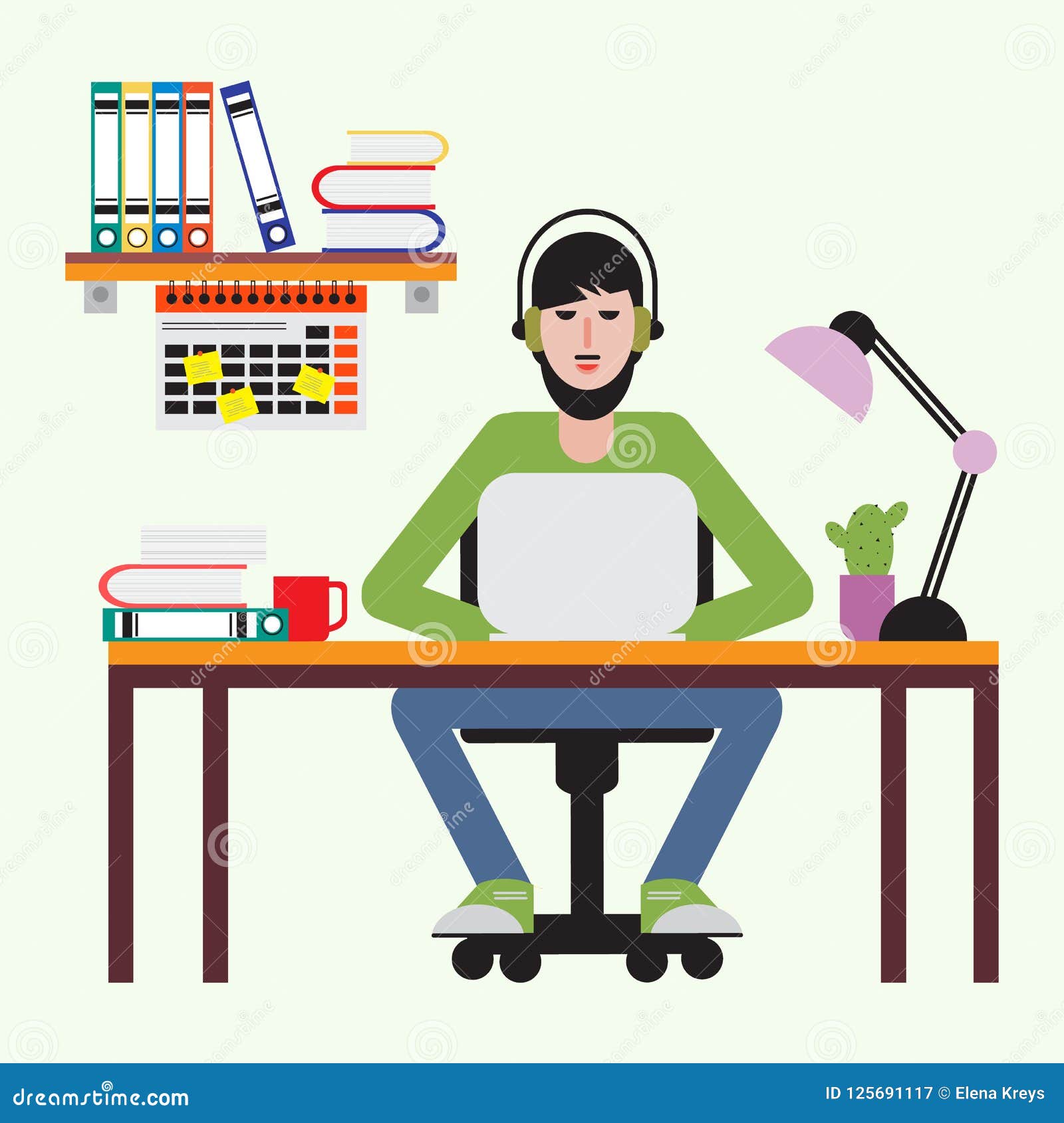 Man Sitting at Table and Working on Laptop. Stock Vector - Illustration ...