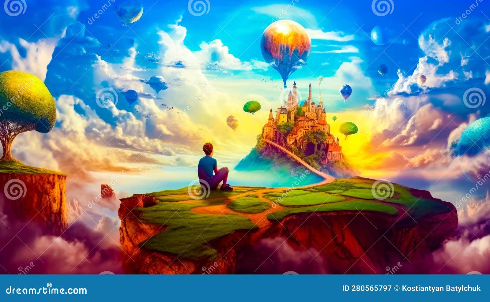 Man Sitting on Top of Cliff Looking at Castle in the Sky. Generative AI ... Man Sitting on Top of Cliff Looking at Castle in the Sky. Generative AI ...