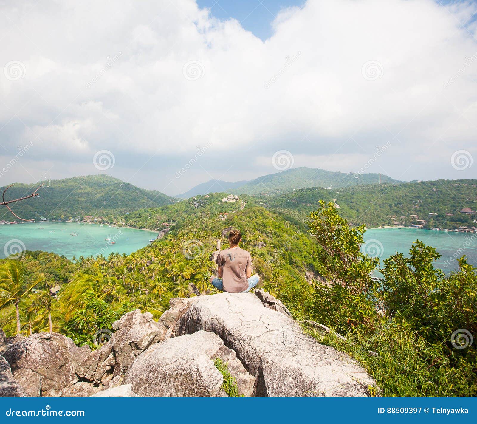 Man Sitting on Top of a Mountain and Enjoying View Stock Image - Image ...