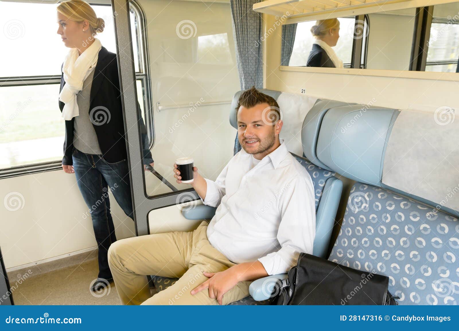 Man Sitting in Train Woman on Hallway Stock Photo - Image of happiness ...