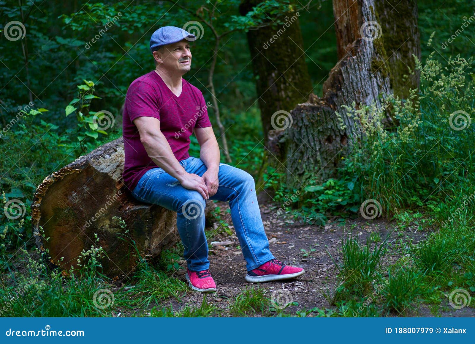 Man Sitting on a Tree Trunk Stock Image - Image of lifestyle ...