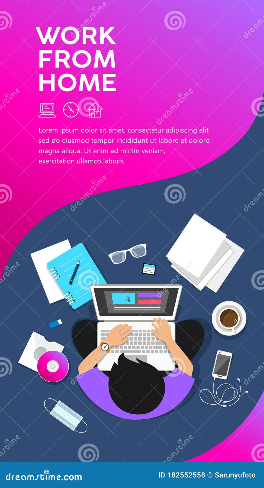 Man Sitting Work Computer from Home, Top View Leaflet Poster Design ...