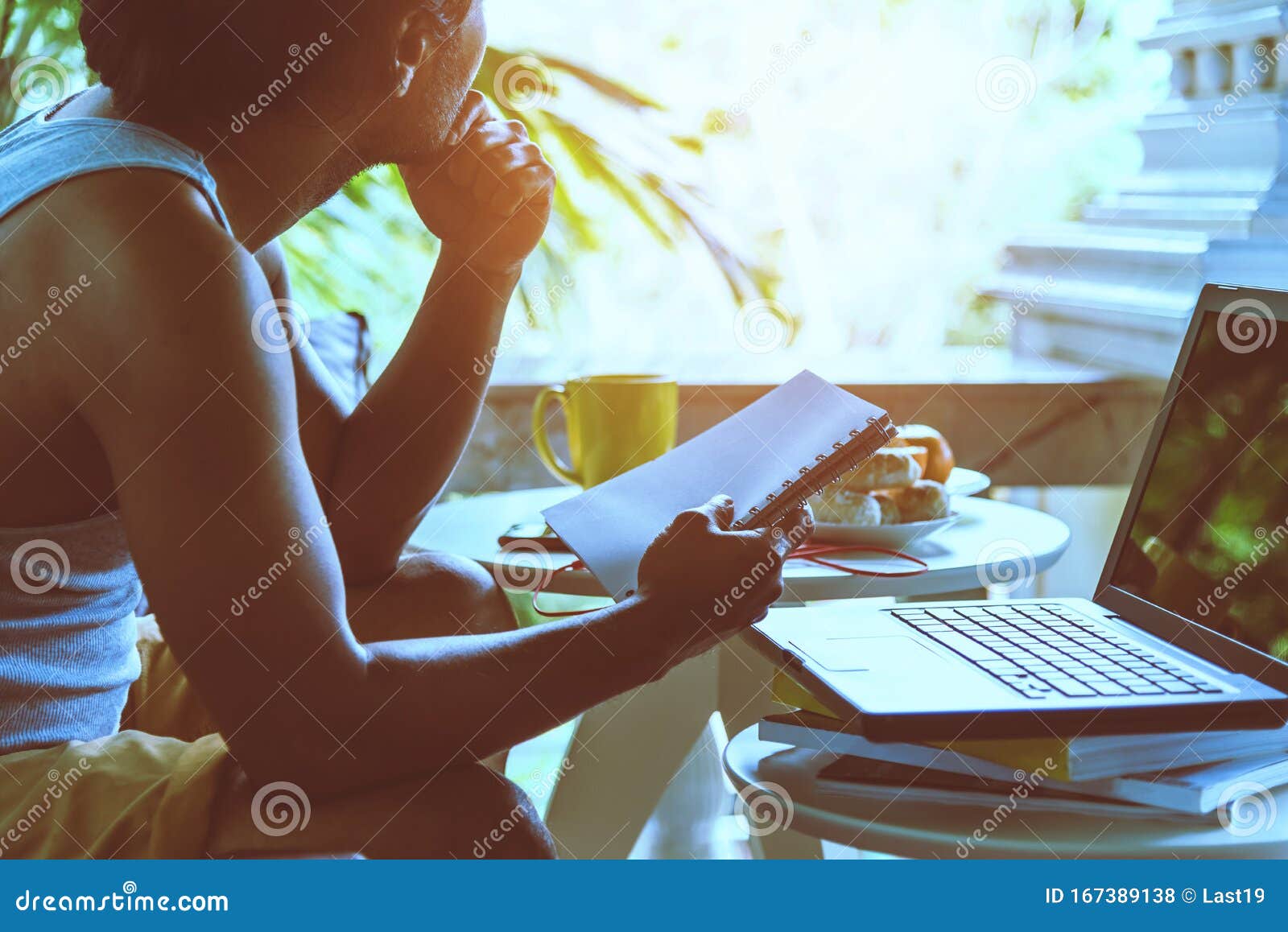 Man Sitting Work Writing Record in the Holiday Stock Photo - Image of ...