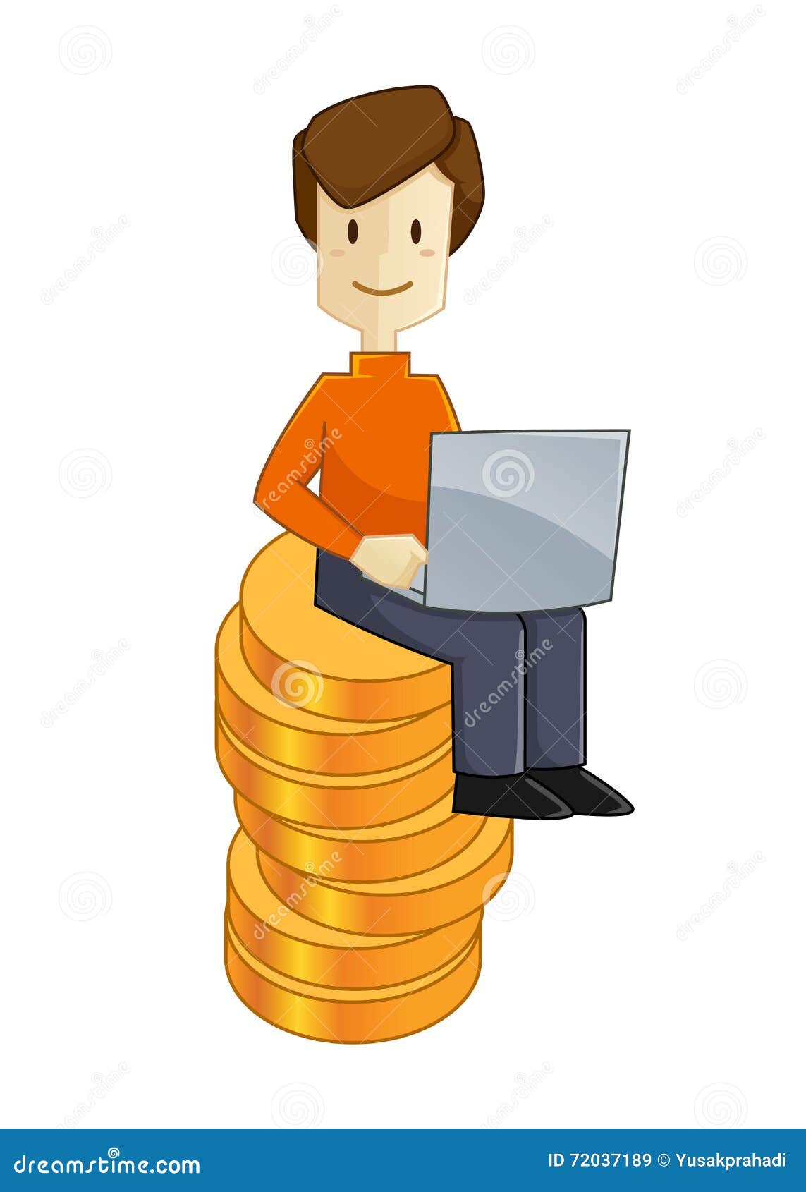 Man Sitting Working with Laptop on Top Pile of Coins Stock Vector ...