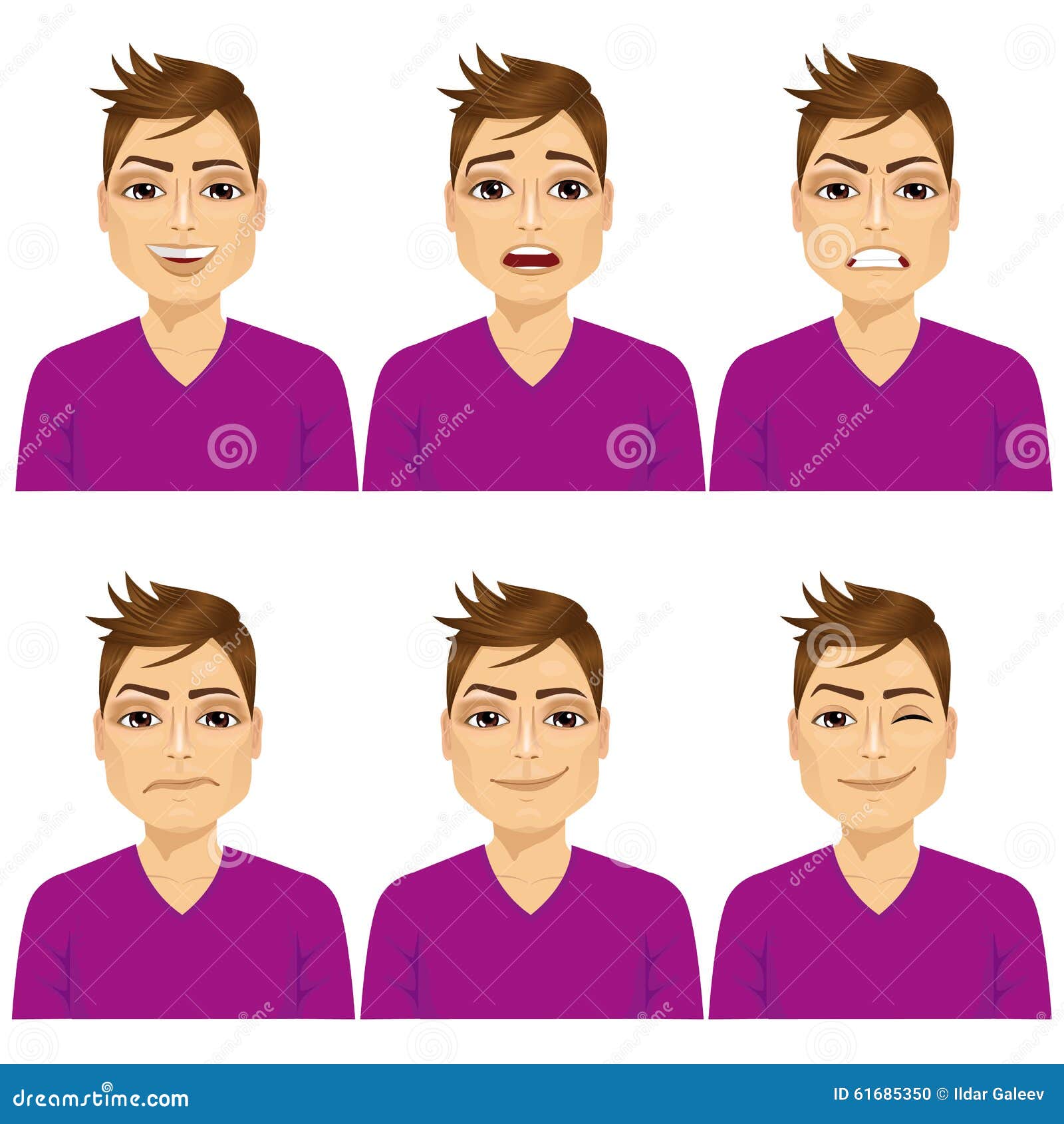Man on Six Different Face Expressions Set Stock Vector - Illustration ...