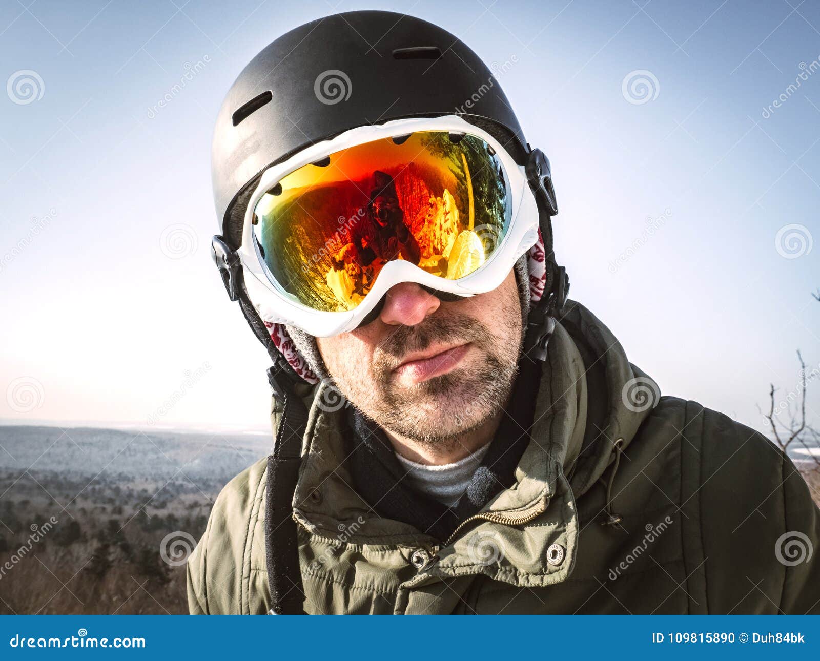 Man in a Ski Mask and Helmet in the Mountains Stock Photo - Image of ...