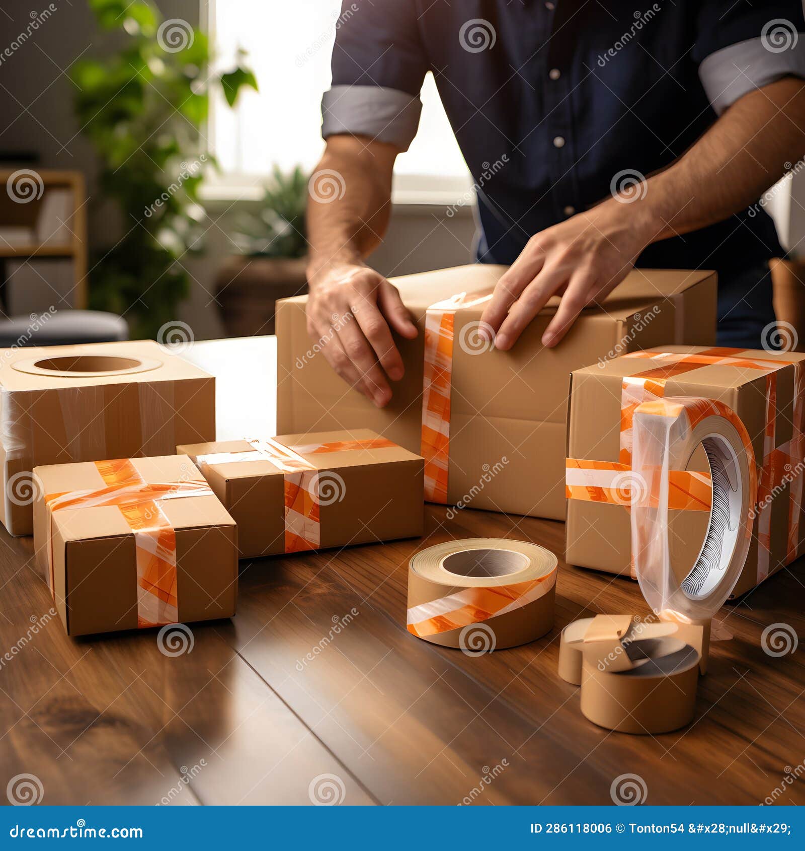Man Expertly Packs And Tapes Boxes On Table Royalty-Free Stock Photo ...