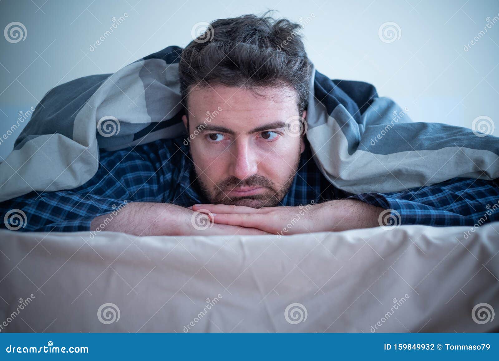 Man with Sleep Problem in His Bed at Home Stock Photo - Image of ...