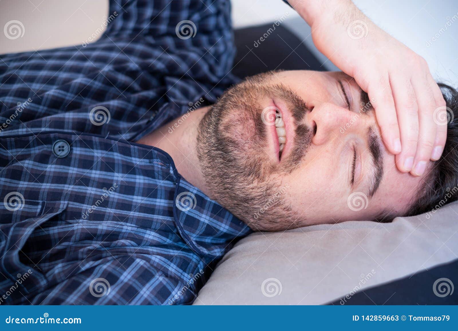 Man with Sleep Problem in His Bed at Home Stock Image - Image of ...