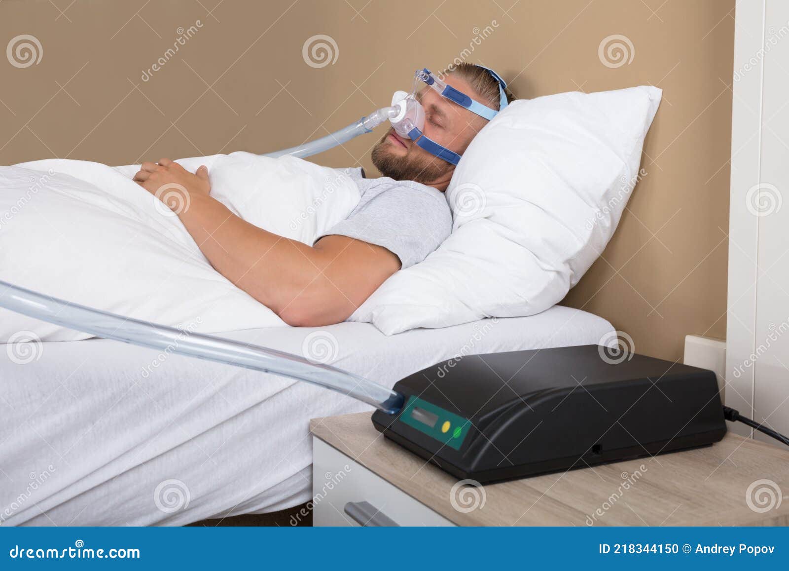 Man with Sleeping Apnea and CPAP Machine Stock Photo - Image of breath ...