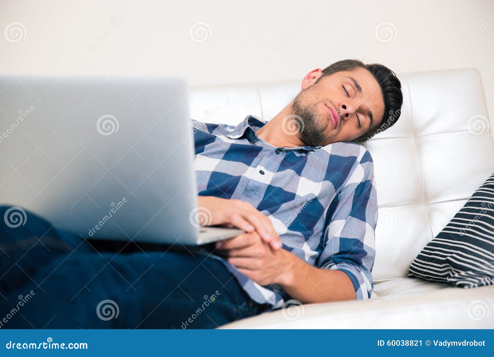 Man Sleeping with Laptop on the Sofa Stock Image - Image of indoors ...