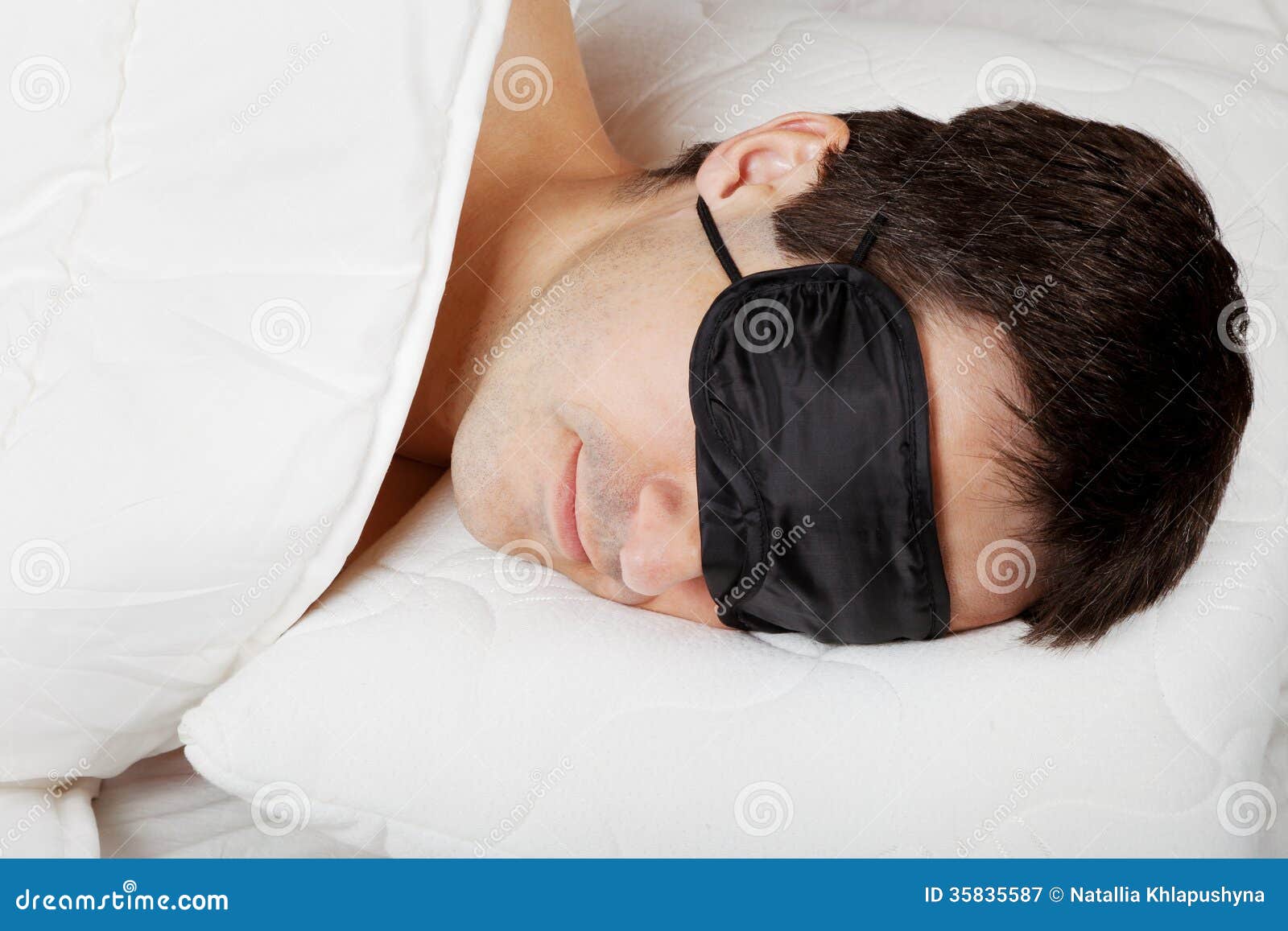 Man with Sleeping Mask Lying in Bed Stock Image - Image of mask ...