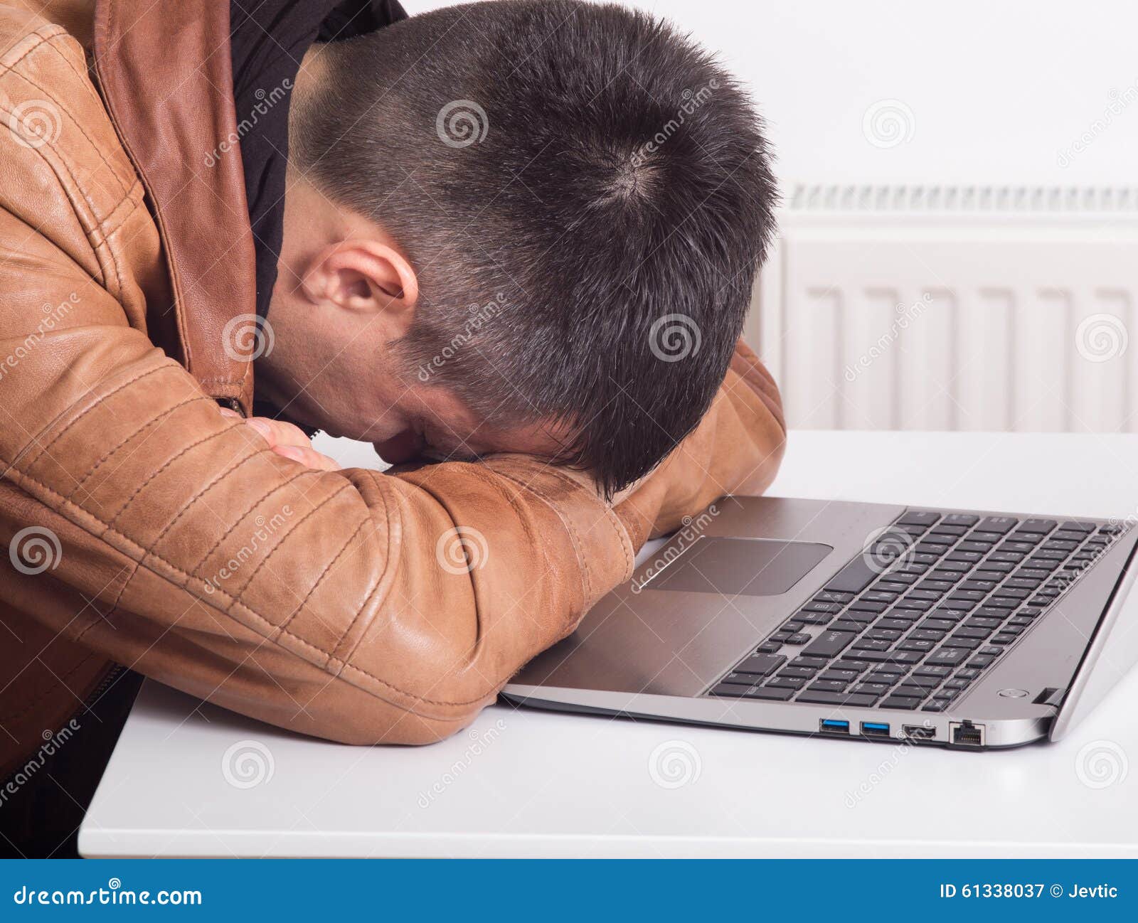 Man sleeping over laptop stock image. Image of head, depression - 61338037
