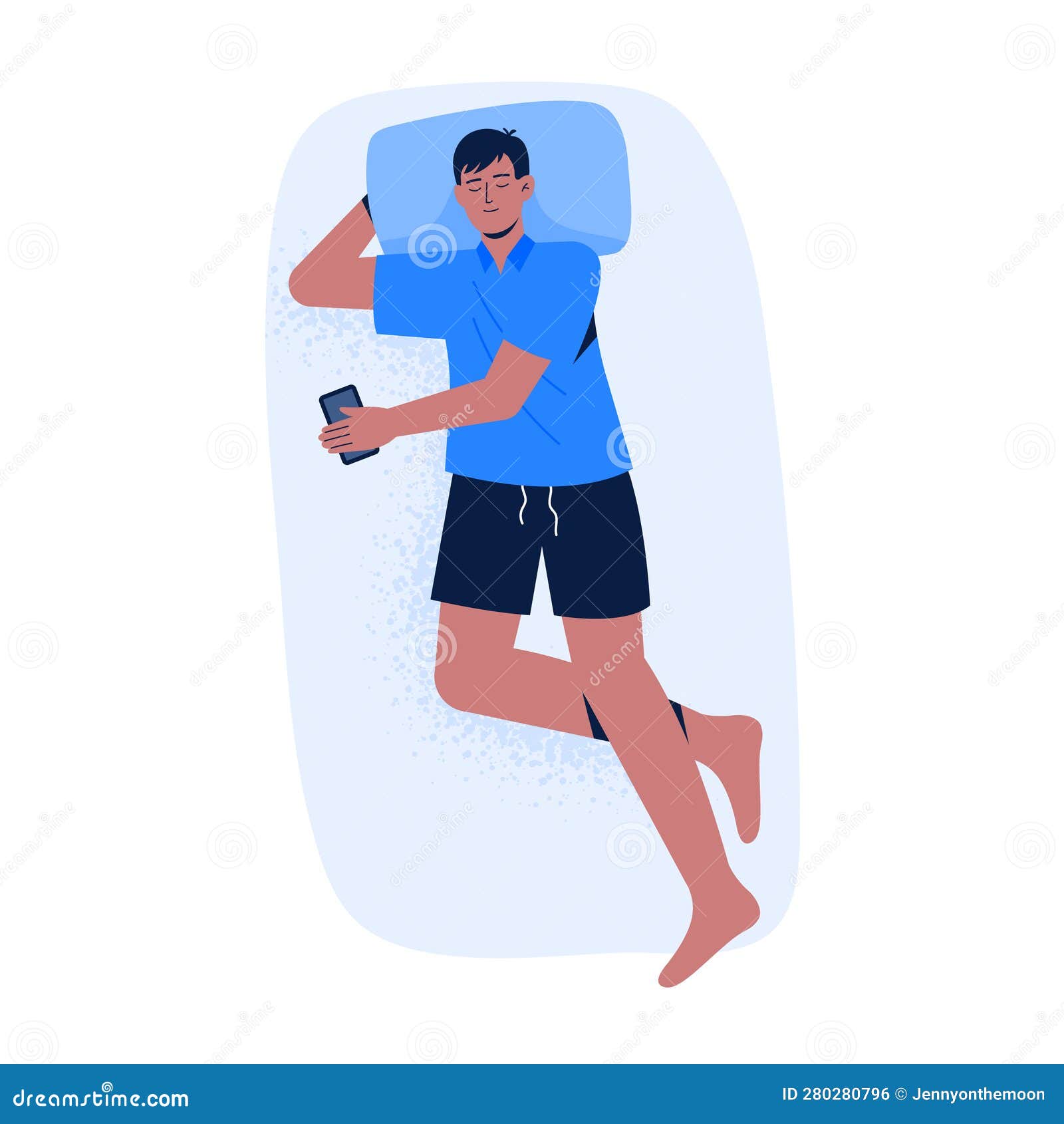 A Man Sleeps with Phone in a Back Pose. Top View of Night Sleeping ...