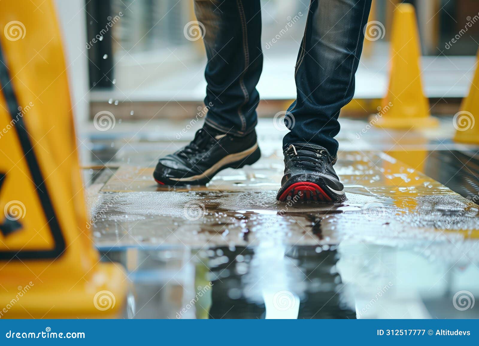 Man Slipping on Wet Floor with Caution Sign Visible Stock Illustration ...