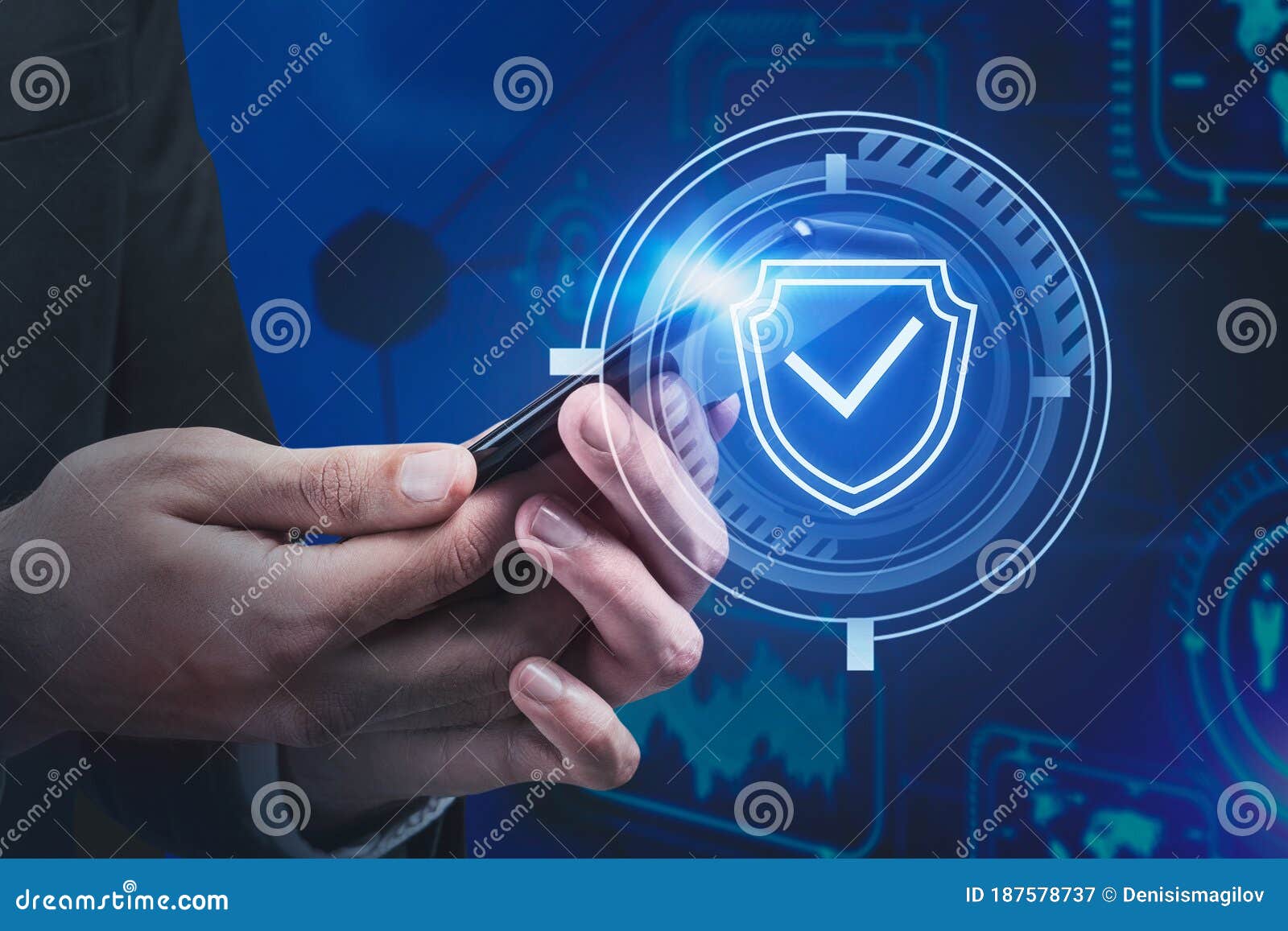 Man with Smartphone, Cyber Security Interface Stock Image - Image of ...