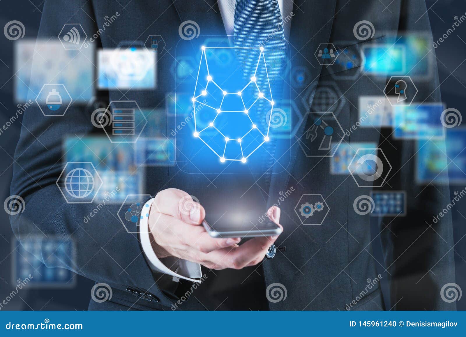Man With Smartphone Facial Recognition Technology Stock Illustration