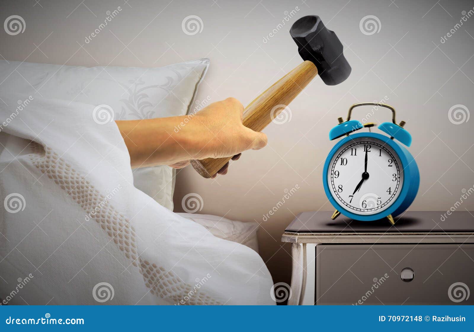 Man Smashing Alarm Clock with Sledge Hammer Stock Photo - Image of ...