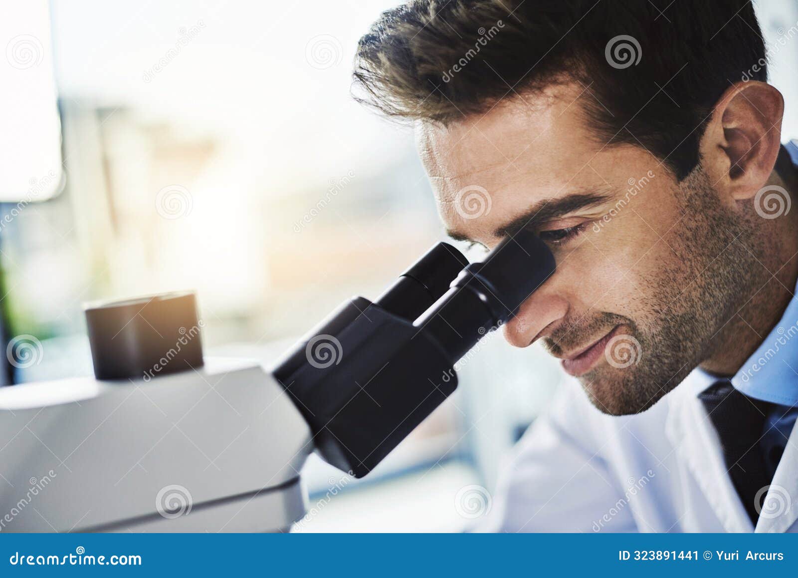 Man, Smile and Microscope for Study in Laboratory for Medical ...
