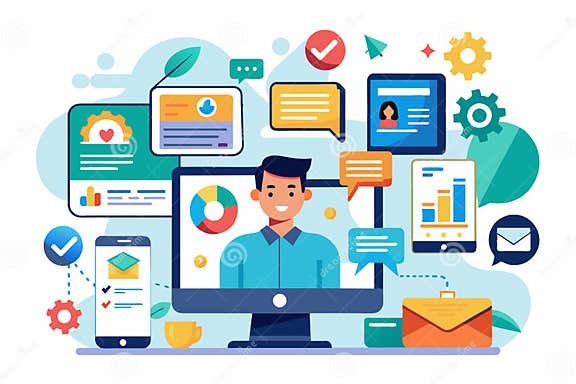 A Man Smiles As he Uses a Desktop Computer To Access Instant ...