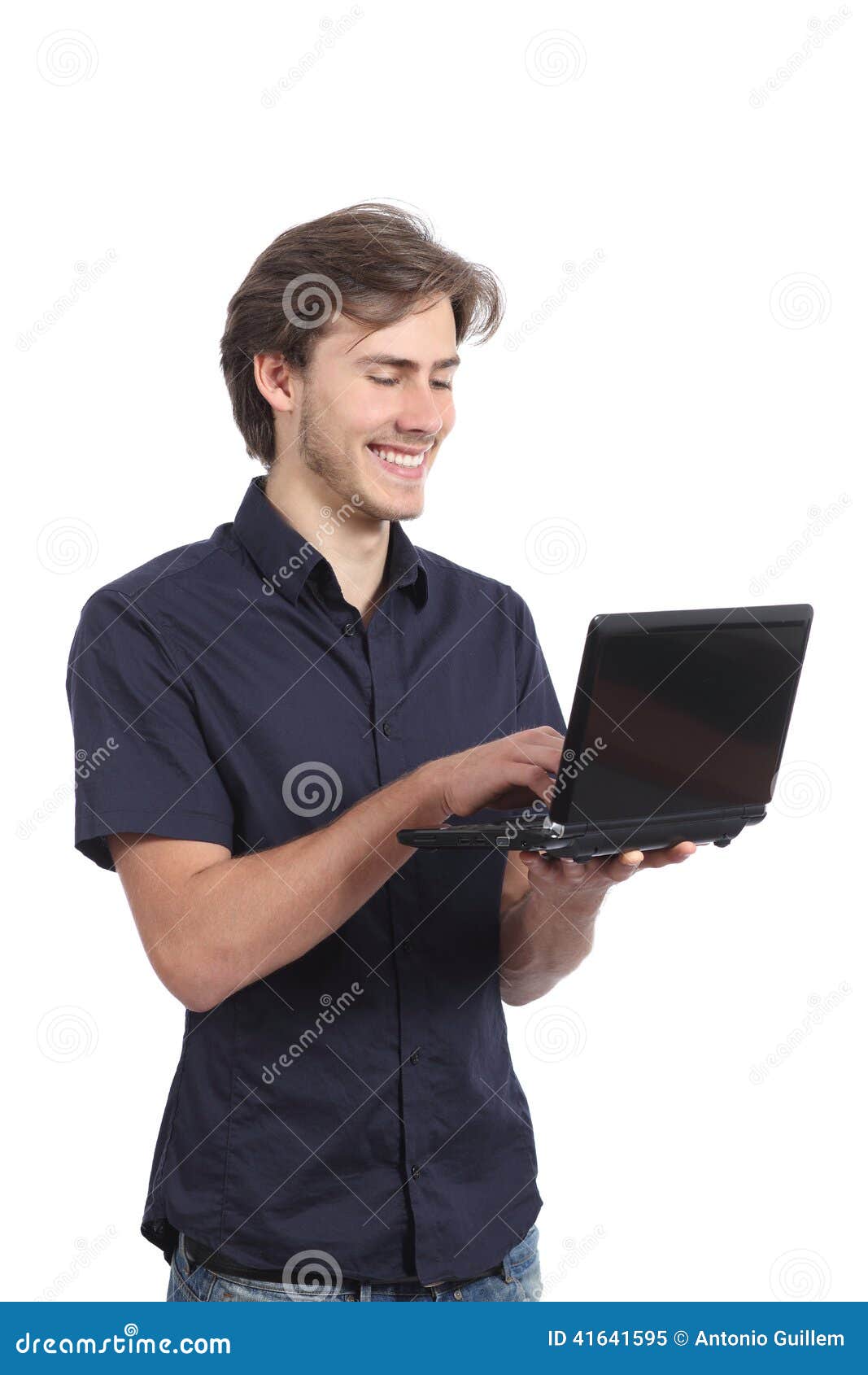 Man Smiling Browsing Internet on the Laptop Stock Image - Image of ...
