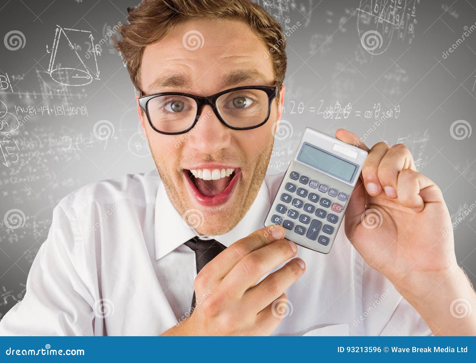 Man Smiling with Calculator Against White Math Doodles and Grey ...