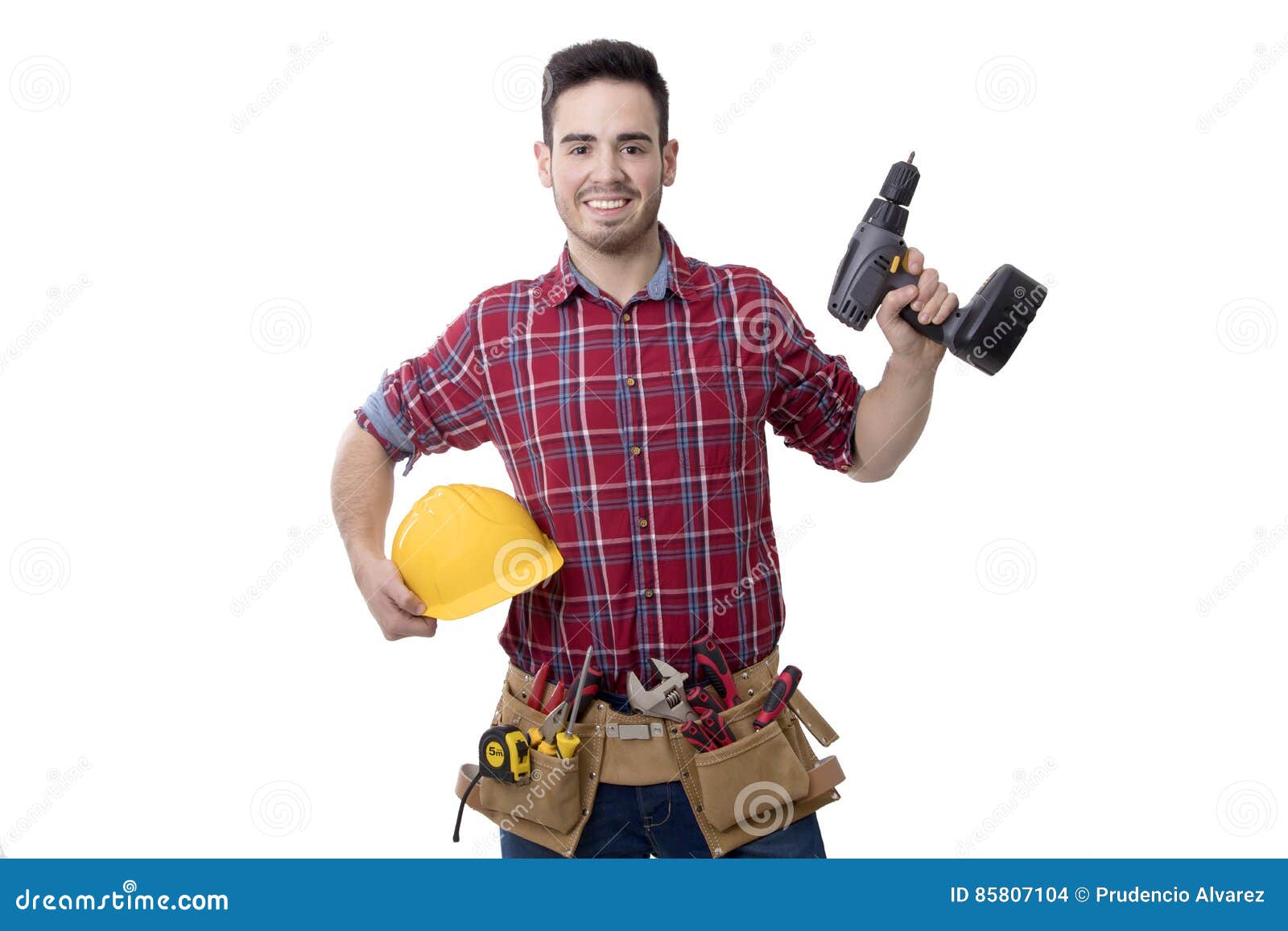 Man smiling with the drill stock photo. Image of screwdriver - 85807104
