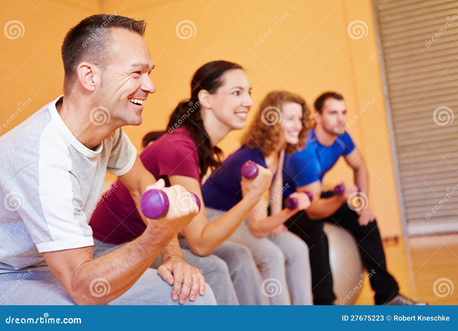 Man Smiling in Fitness Class Stock Image - Image of muscles, rehab ...