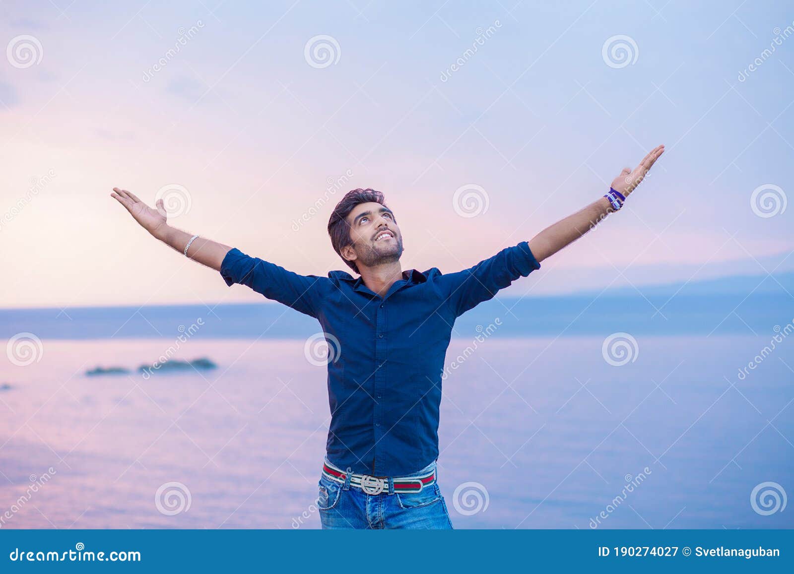 Man Smiling Looking Up To Blue Sky Celebrating Freedom Stock Image ... Man Smiling Looking Up To Blue Sky Celebrating Freedom Stock Image ...