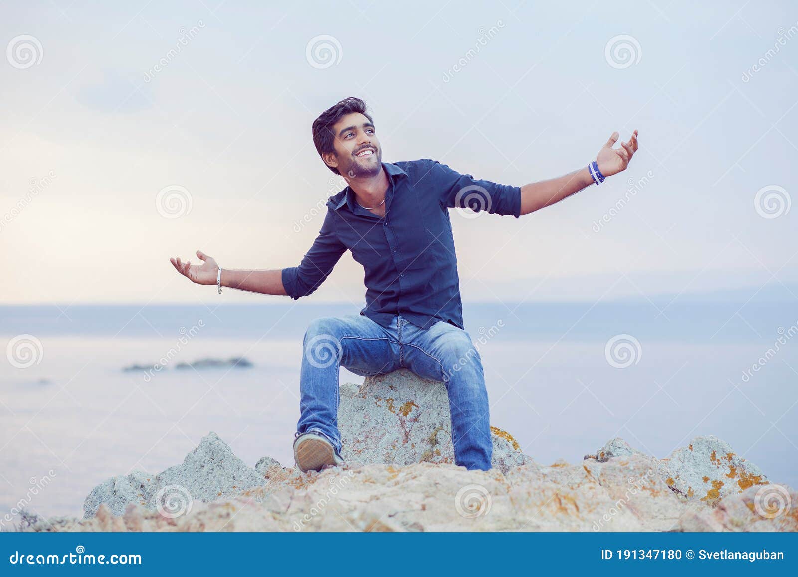 Man Smiling Looking Up To Blue Sky Celebrating Freedom Stock Photo ... Man Smiling Looking Up To Blue Sky Celebrating Freedom Stock Photo ...